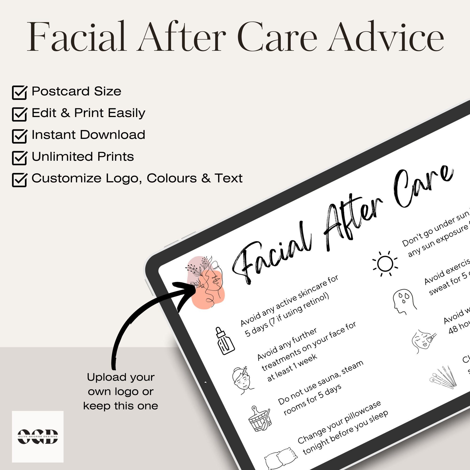 Editable Facial Aftercare Card Template, Facial Treatment Post Care ...
