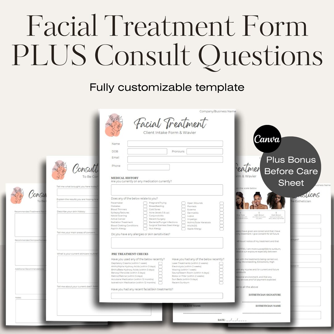 Facial Treatment Form - Editable Esthetician Template, Printable ...