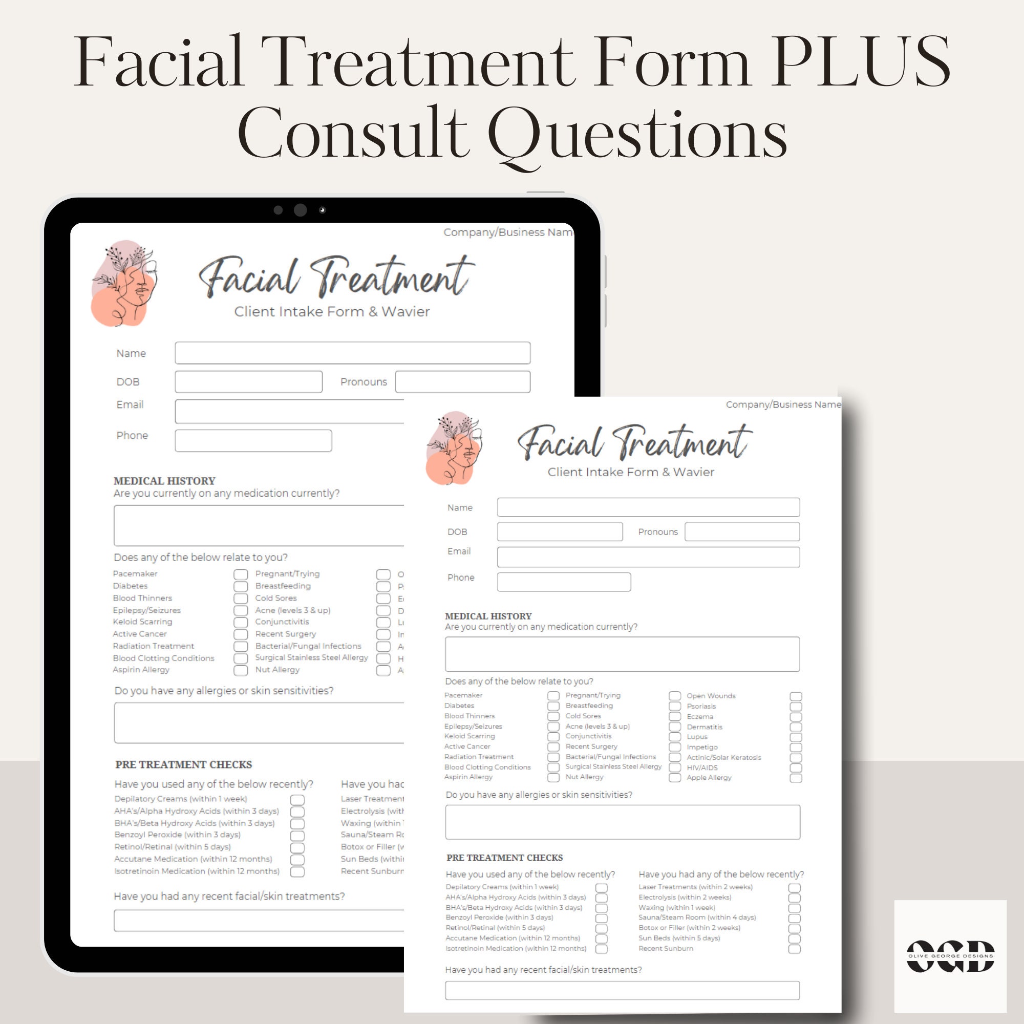 Facial Treatment Form - Editable Esthetician Template, Printable ...