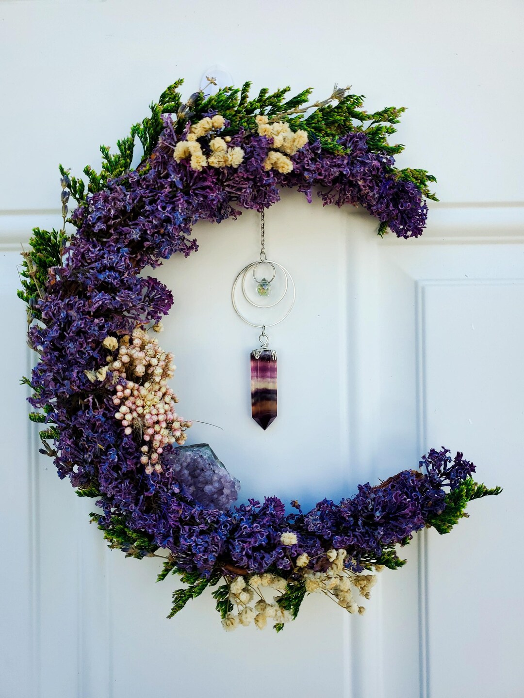 Real Dried Flower Moon Wreath Handmade Fluorite Amethyst Dried Lilac ...
