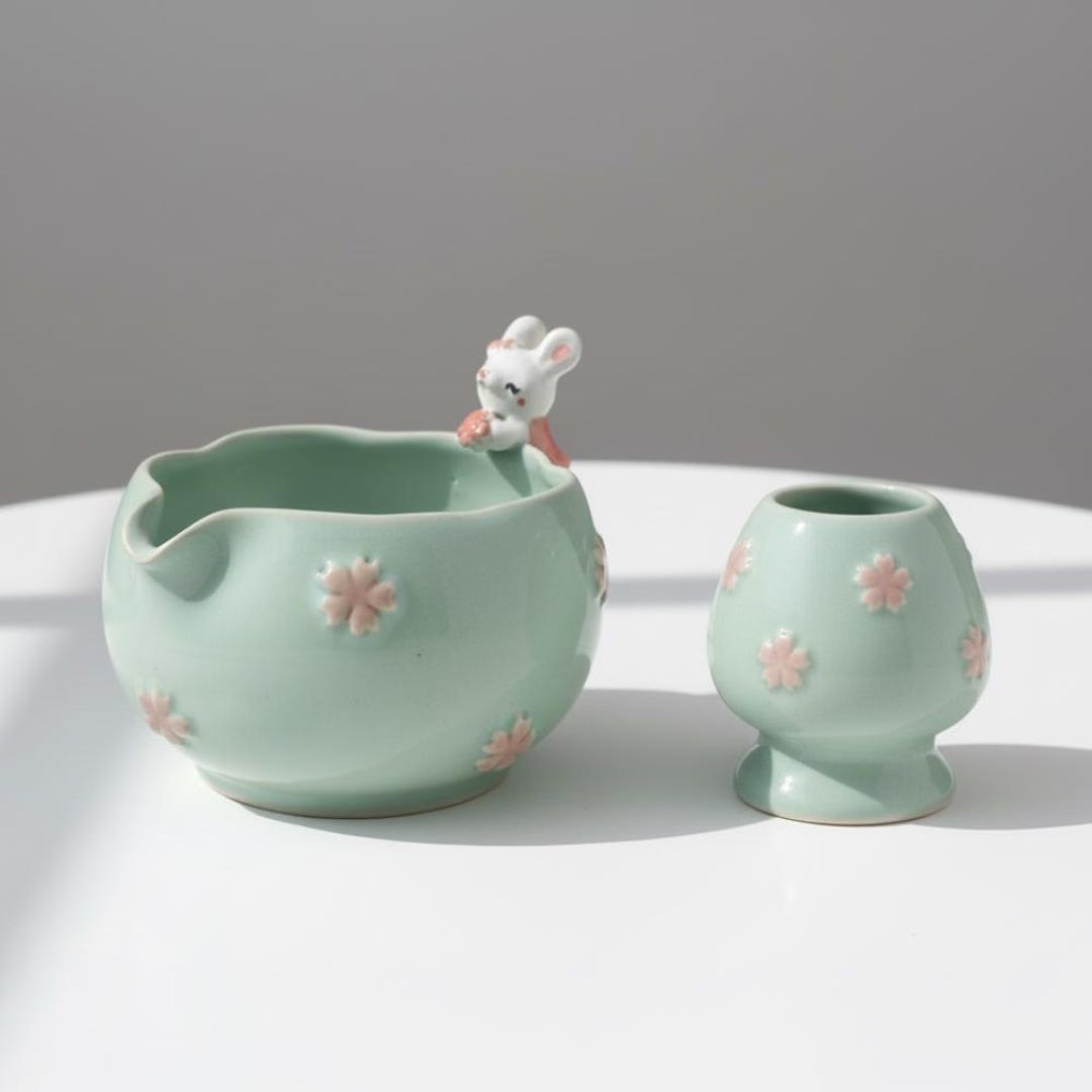 Spring Bunny Matcha Bowl & Whisk Holder – Handmade Ceramic Matcha Set ...