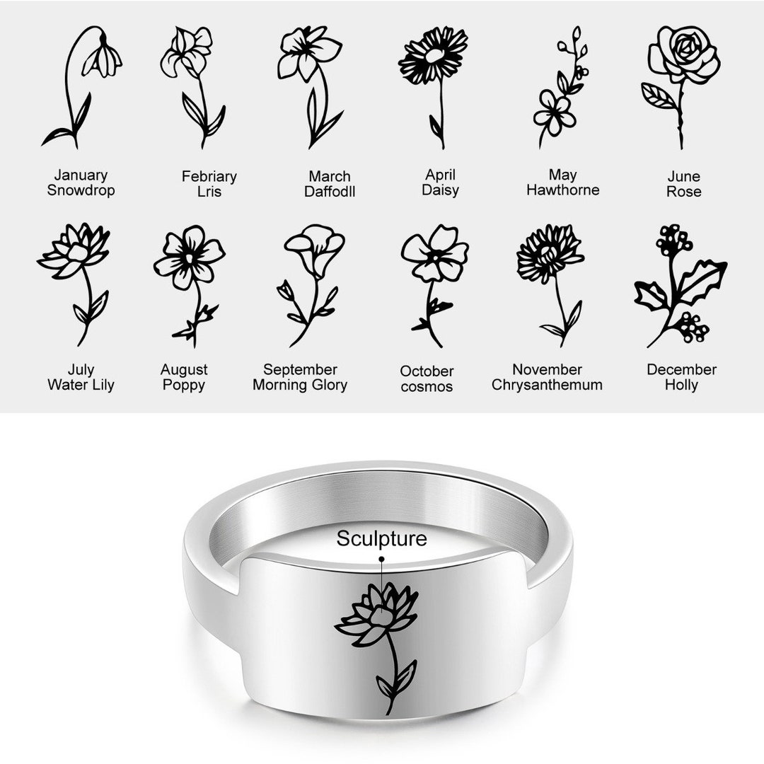 Stainless Steel Personalized Birth Flower Ring | Unisex - Etsy