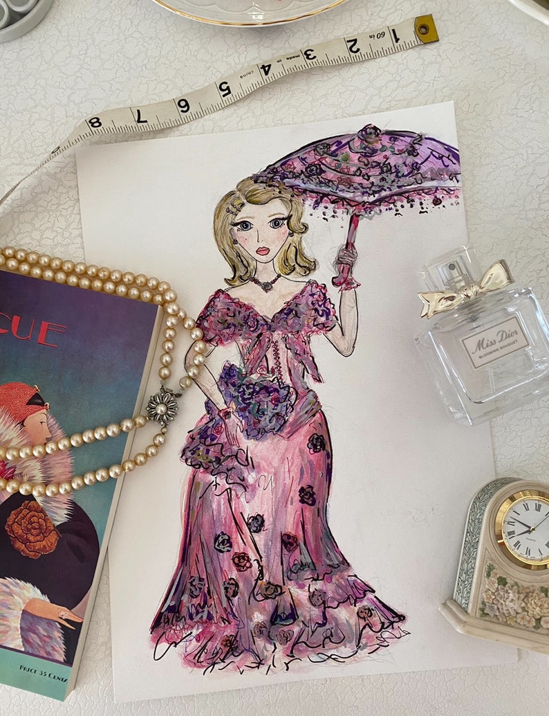 Rococo, Coquette Inspired Fashion Illustration With Pink and Deep ...