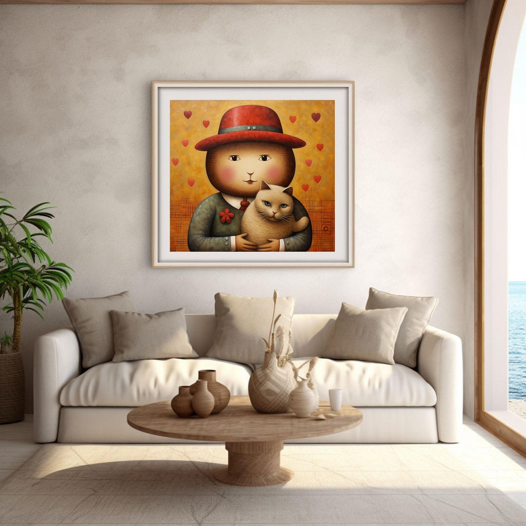 Botero Style - Chic Figure With Red Hat & Cat - Printable Wall Art - Etsy