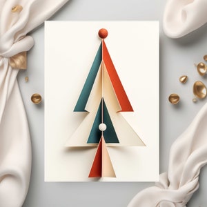 Printable Christmas Card Set of 5 Triangle Tree Design in Cream, Green ...