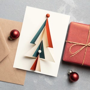 Printable Christmas Card Set of 5 Triangle Tree Design in Cream, Green ...