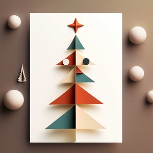 Printable Christmas Card Set of 5 Triangle Tree Design in Cream, Green ...