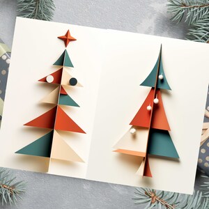 Printable Christmas Card Set of 5 Triangle Tree Design in Cream, Green ...