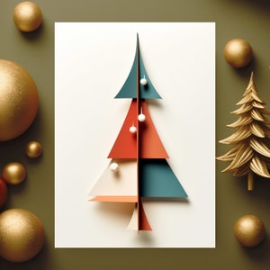 Printable Christmas Card Set of 5 Triangle Tree Design in Cream, Green ...