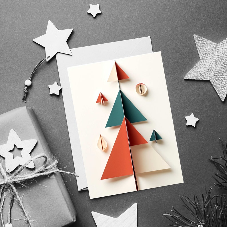 Printable Christmas Card Set of 5 Triangle Tree Design in Cream, Green ...