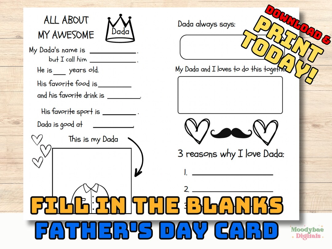 Father’s Day Printable Card, All About My Awesome Dada Fill in the ...