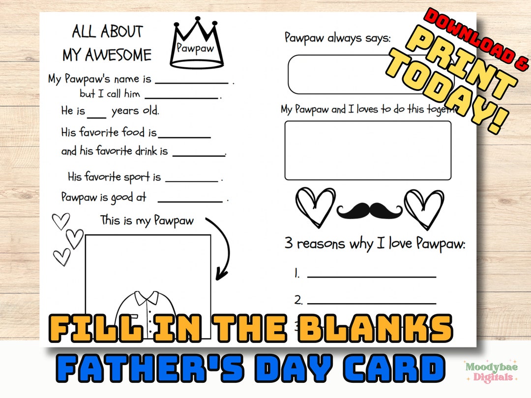 Father's Day Card for Pawpaw, All About My Awesome Pawpaw, Fill in the ...