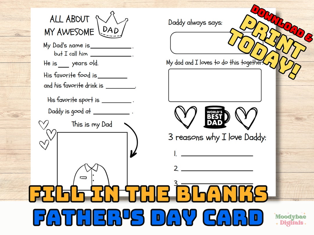 Father’s Day Printable Card,all About My Awesome Dad Fill in the Blanks ...