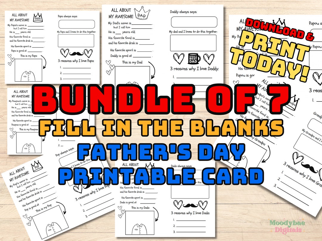 Father’s Day Bundle of 7 Printable Cards, All About My Awesome Dad Fill ...