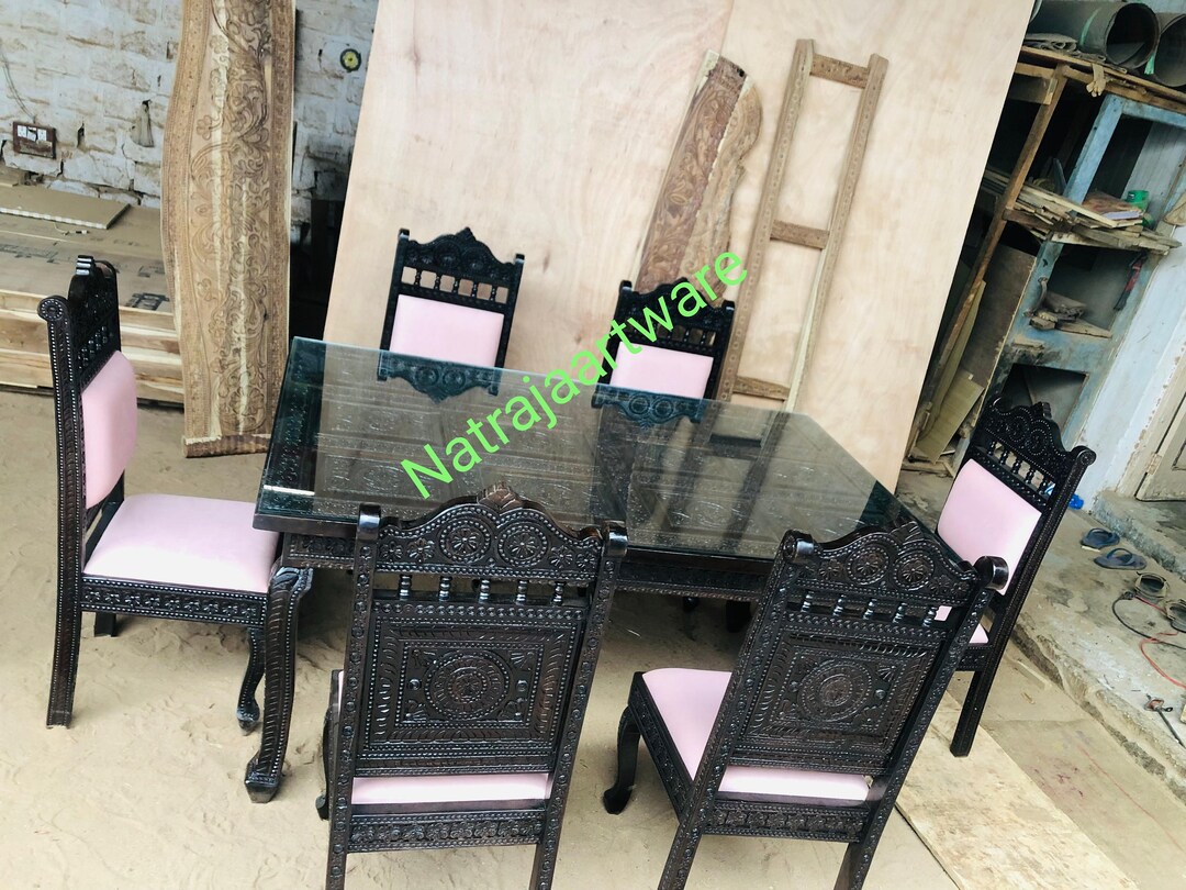 Rajasthani Traditional Hand Carved Dining Table Set Six Seater Dining ...