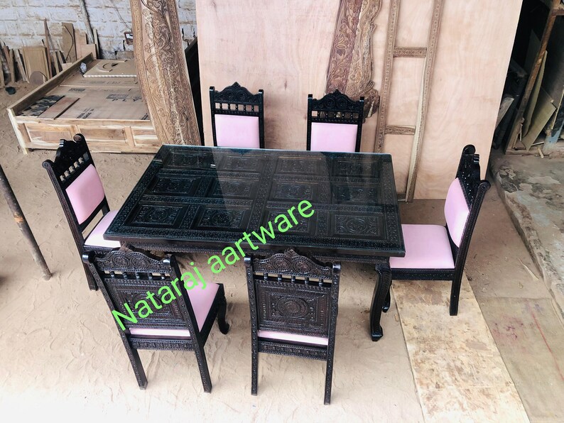 Rajasthani Traditional Hand Carved Dining Table Set Six Seater Dining ...