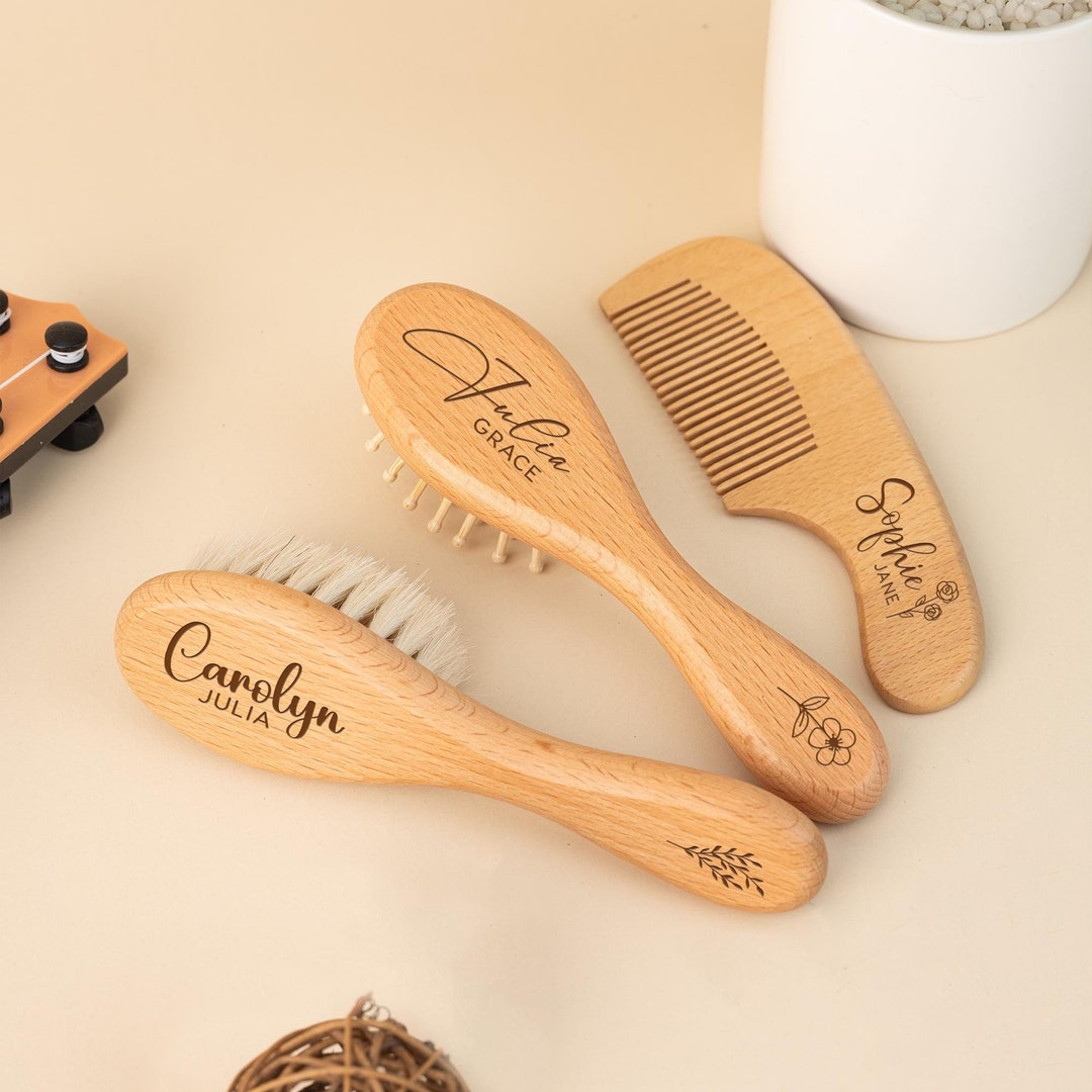 Wildflower Baby Hairbrush With Name, Custom Wood Comb Grooming Set ...
