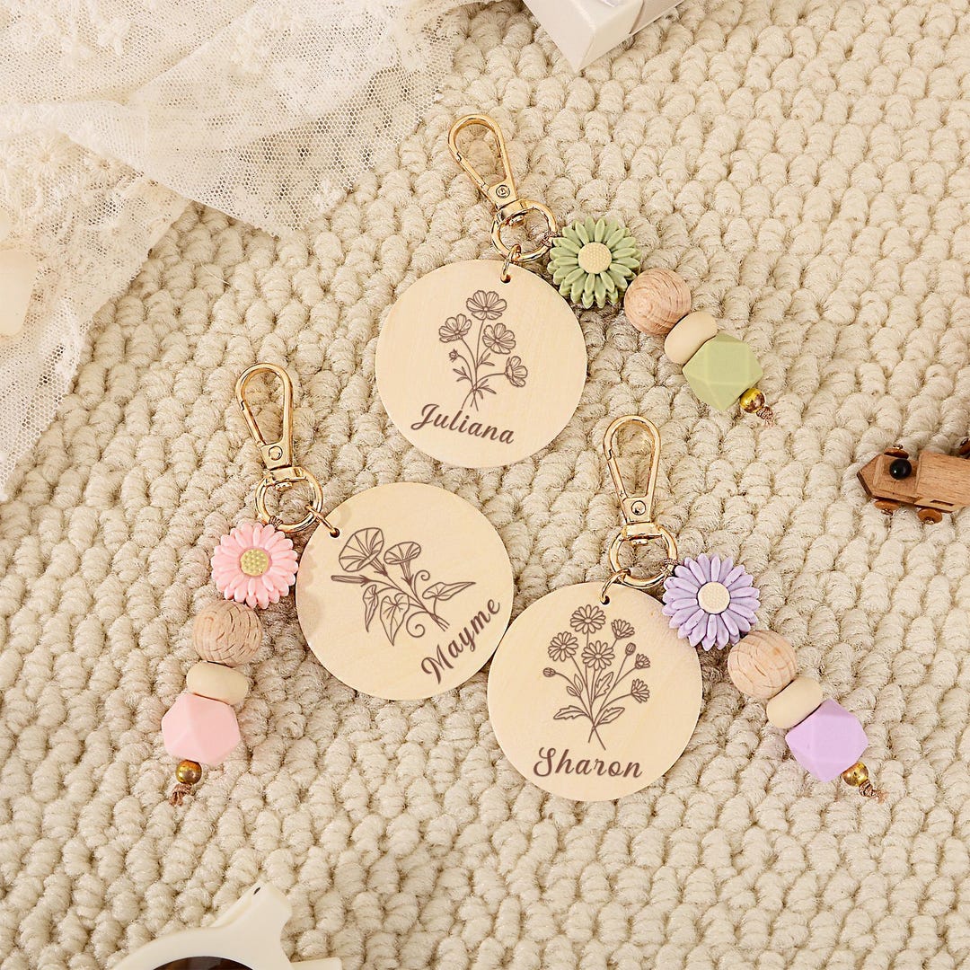 Custom Birth Flower Diaper Bag Tags, Engraved Name Keychain, Boho ...