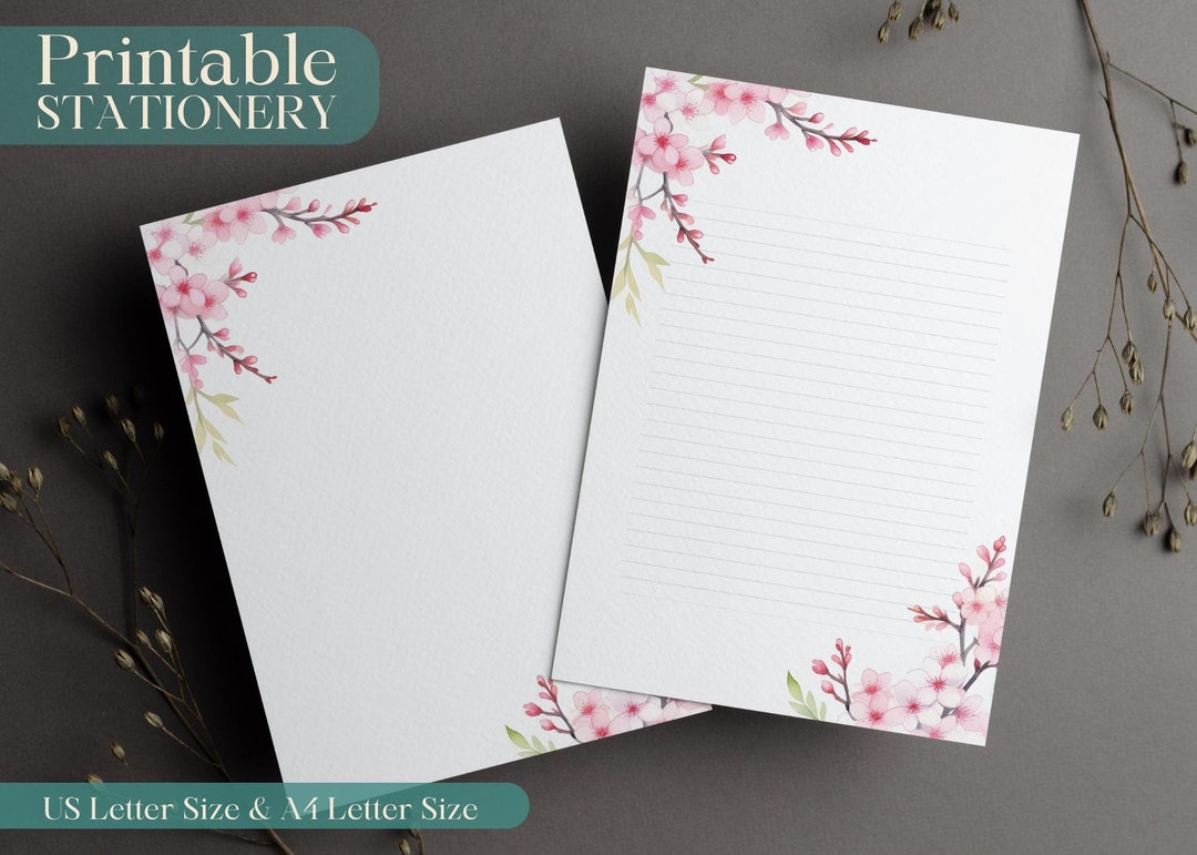 Cherry Blossoms Themed Printable Lined Paper, Writing Paper, Letter ...