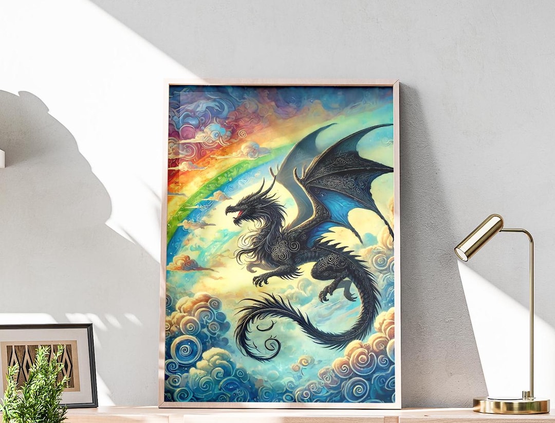 Dragon Poster, Dragon Wall Art, Watercolor Dragon, Black Dragon ...