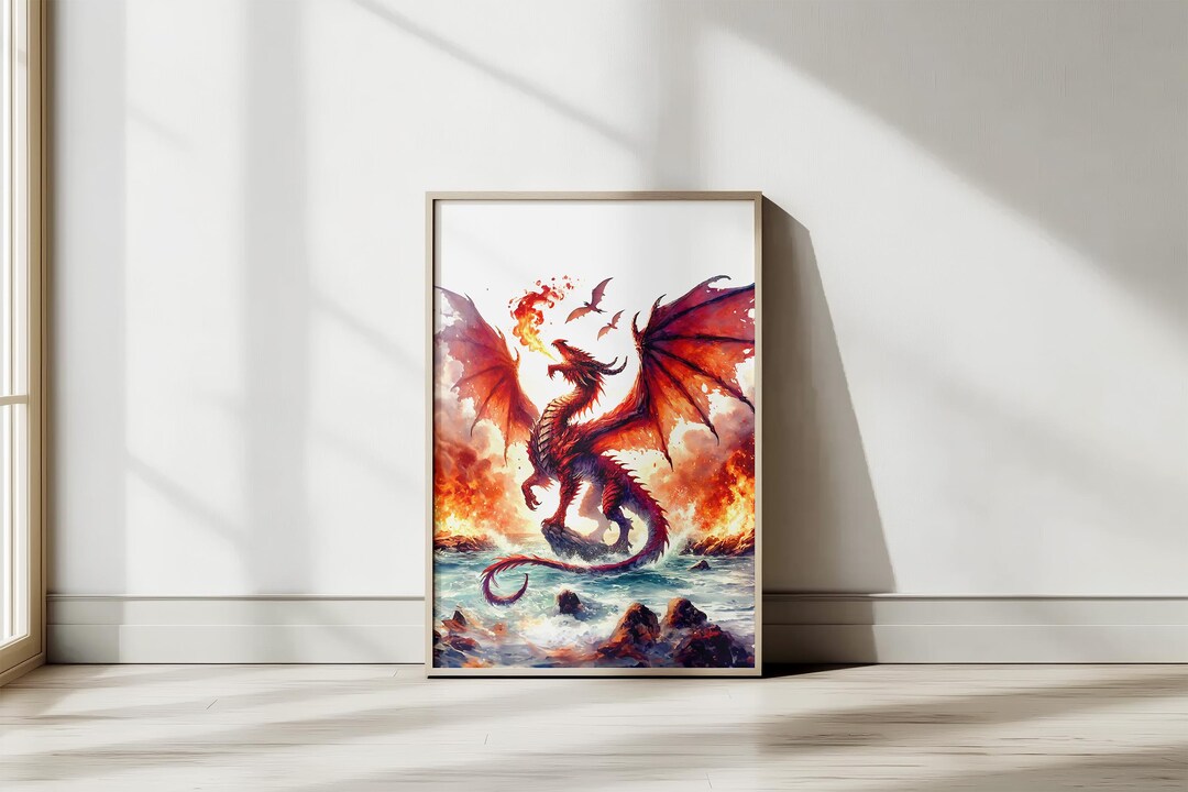 Red Fire Dragon Poster - Epic Fantasy Wall Art Printable, Mythical ...