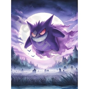 Gengar Poster, Gengar Wall Art, Watercolor Gengar Image, Gengar Painting, Pokemon Poster ...