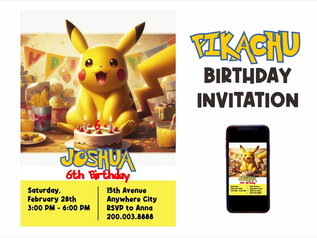 Pikachu Birthday Invitation, Personalized Pikachu Digital Birthday ...