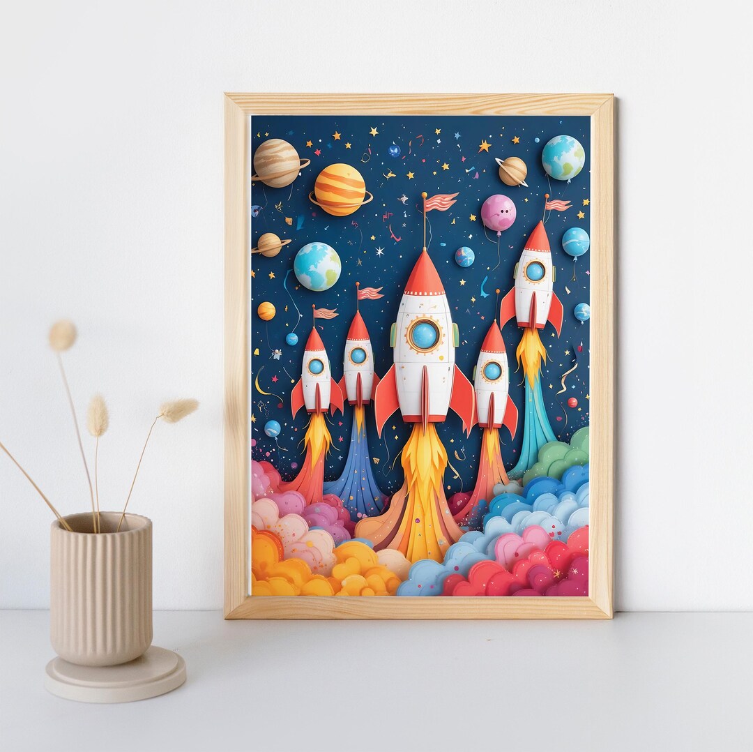 Colorful Rocket Ship Print: Paper Cut Style Galaxy Art (digital ...