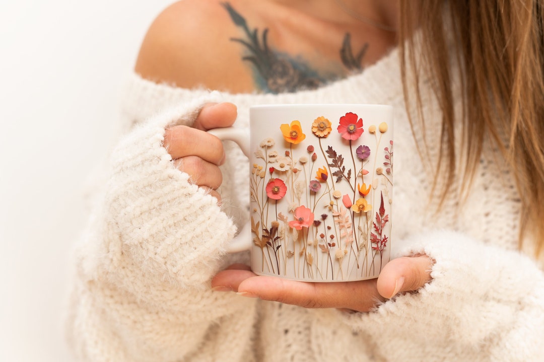 Pressed Flowers Mug, Boho Wildflowers Cottagecore Coffee Mug, Flower ...