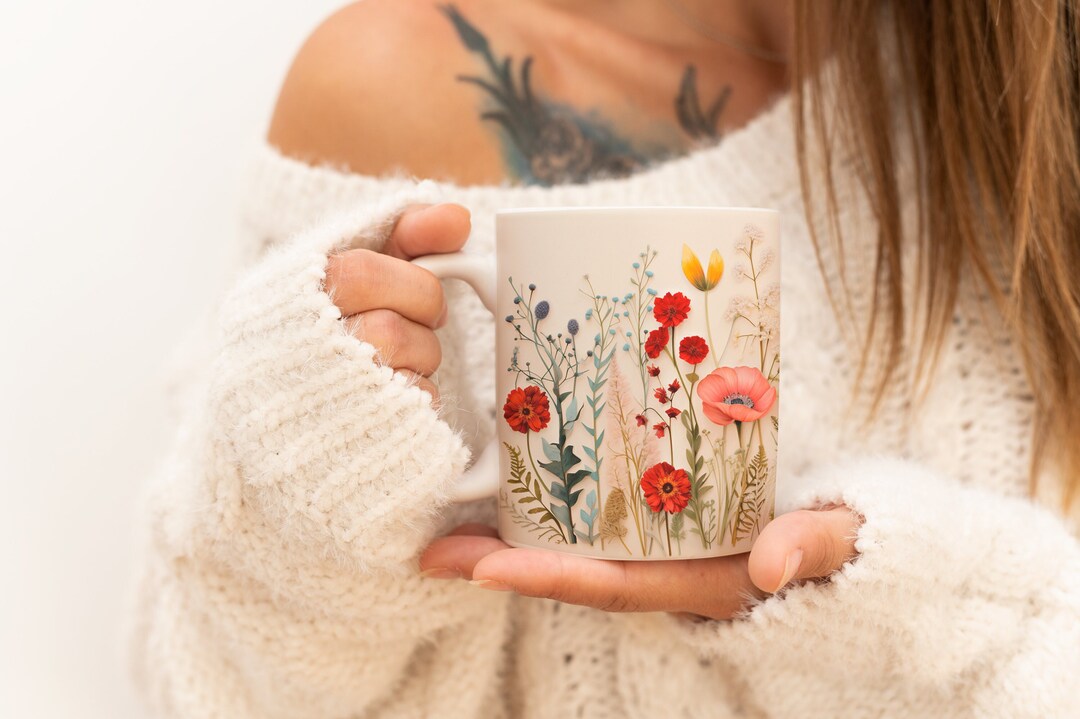Pressed Flowers Mug, Boho Wildflowers Cottagecore Coffee Mug, Flower ...