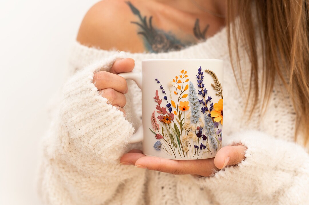 Pressed Flowers Mug, Boho Wildflowers Cottagecore Coffee Mug, Flower ...