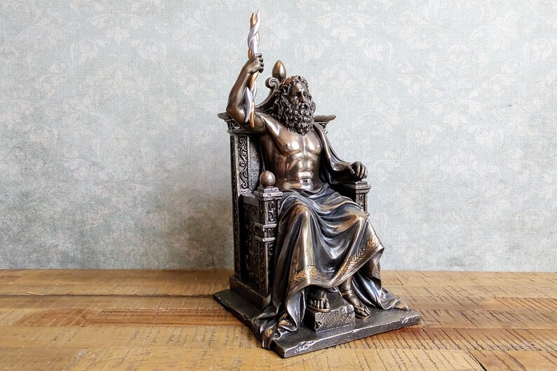 Zeus on Throne With Thunderbolt Greek Roman God Antique Bronze Finish ...
