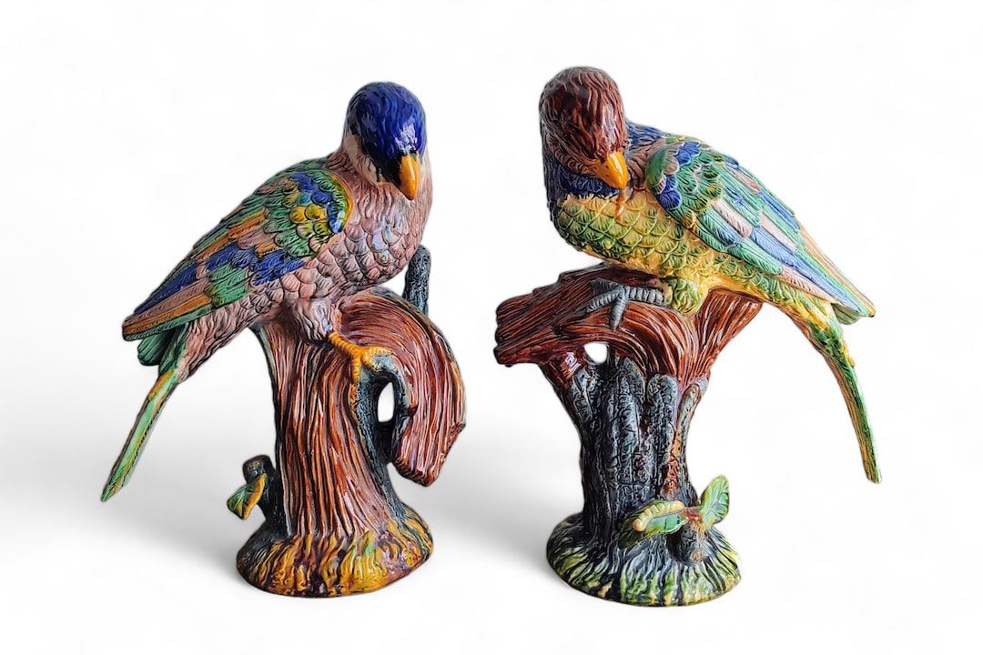 Vintage Large Ceramic Parrots - Multicolored Decorative Birds - Home ...