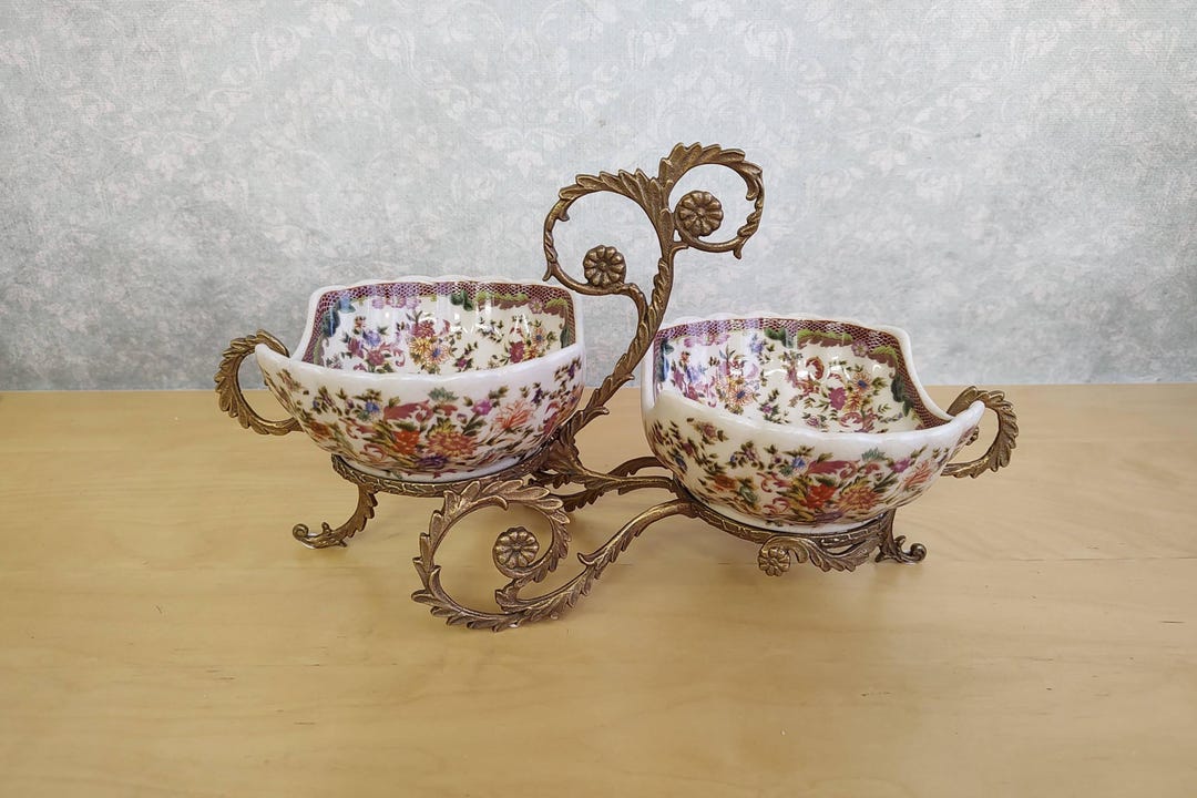 Elegant Porcelain Double Bowl With Bronze Accents - Unique Home Decor ...