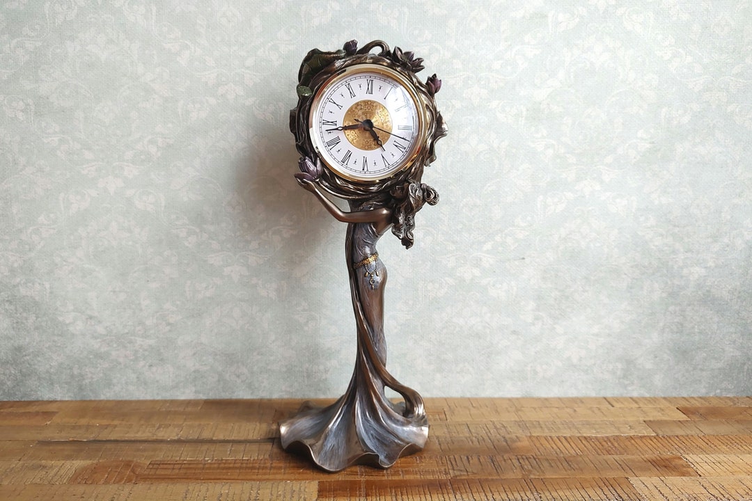 French Art Nouveau Style Table Clock - Woman With Water Lilies - Desk ...