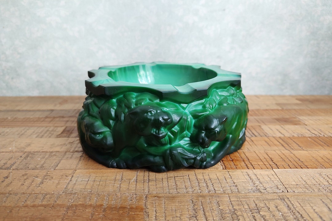 Czech Art Deco Malachite Glass Ashtray: Ingrid Tigers by Schlevogt - Etsy