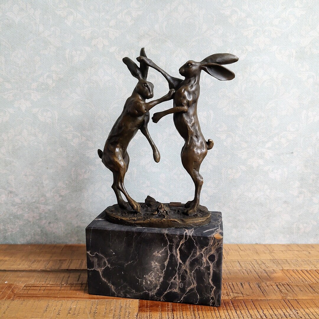 Two Boxing Hares Bronze Sculpture on Marble Base A Unique Gift Idea for ...