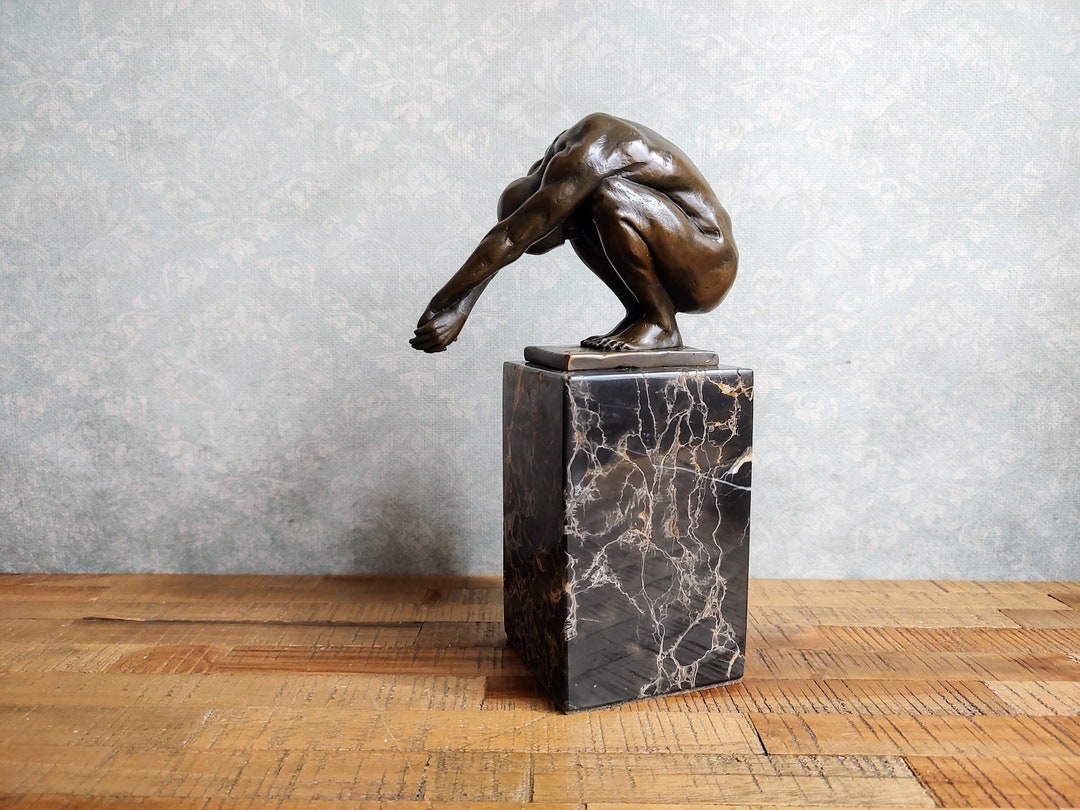 Bronze Swimmer Sculpture – Male Nude Olympic Diver Statue, Marble Base ...