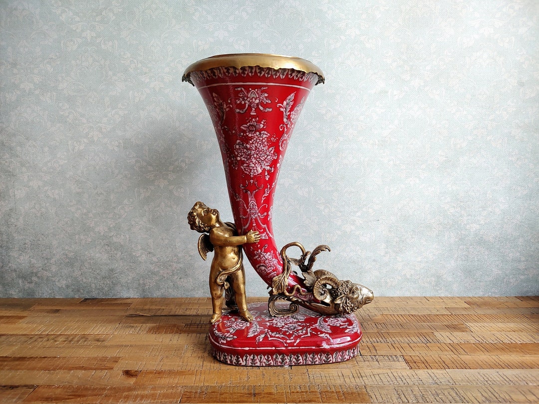 Porcelain Cornucopia Vase: Bronze Angel, Baroque Style Decor (13 Inches ...