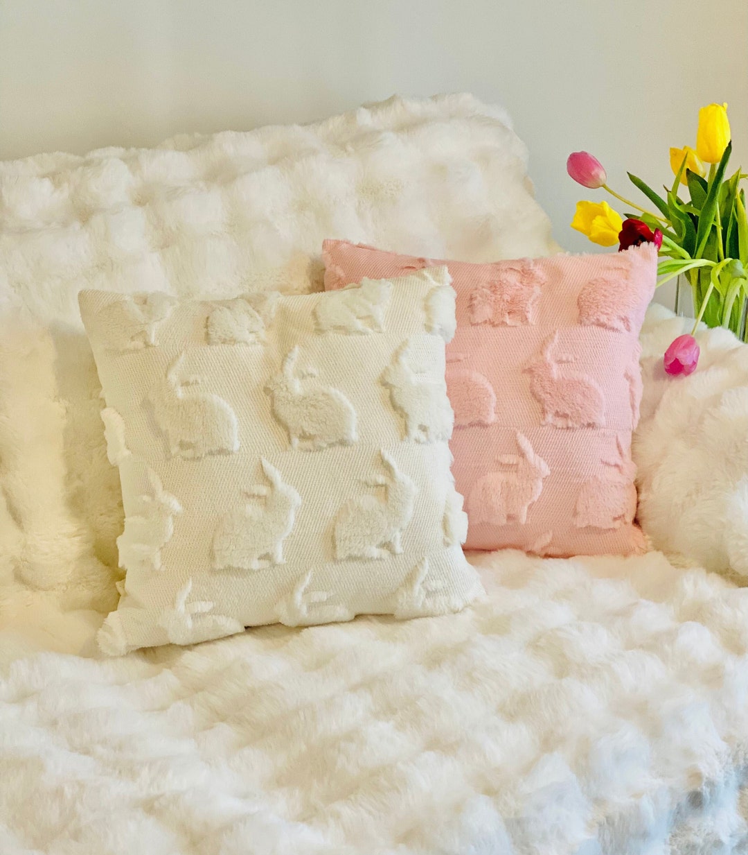 Tufted Easter Bunny Pink / Cream Cushion Cover, Plush 3D Bunny Design ...