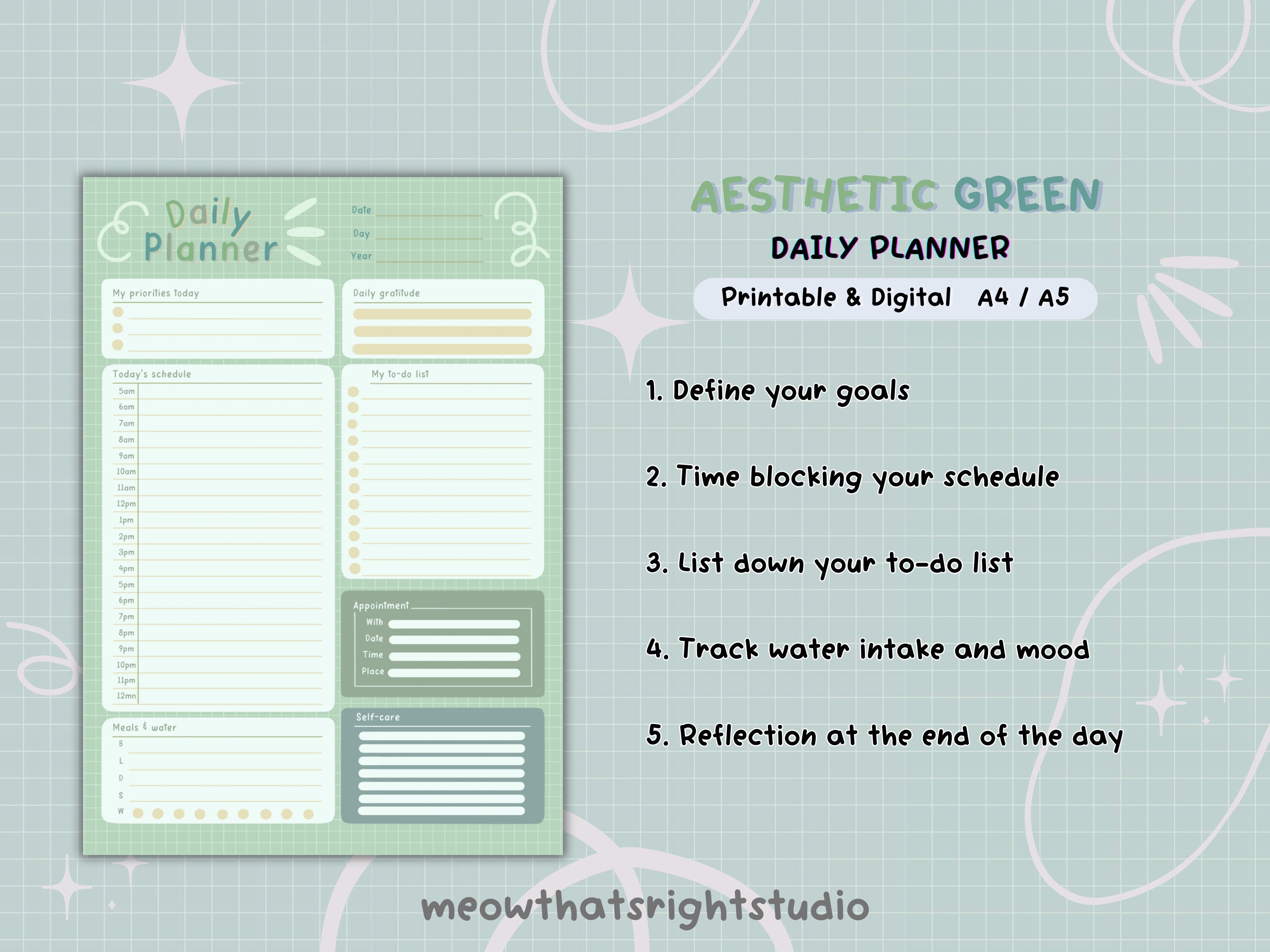 Green Daily Planner Printable Daily Planner Kawaii Daily Planner Kawaii ...