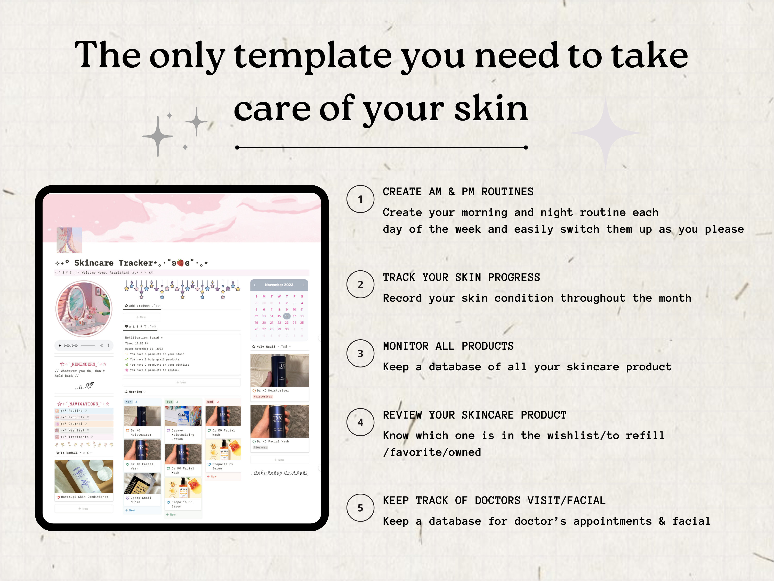 Anime Aesthetic Pastel Skincare Tracker Notion Template, Beauty Tracker ...