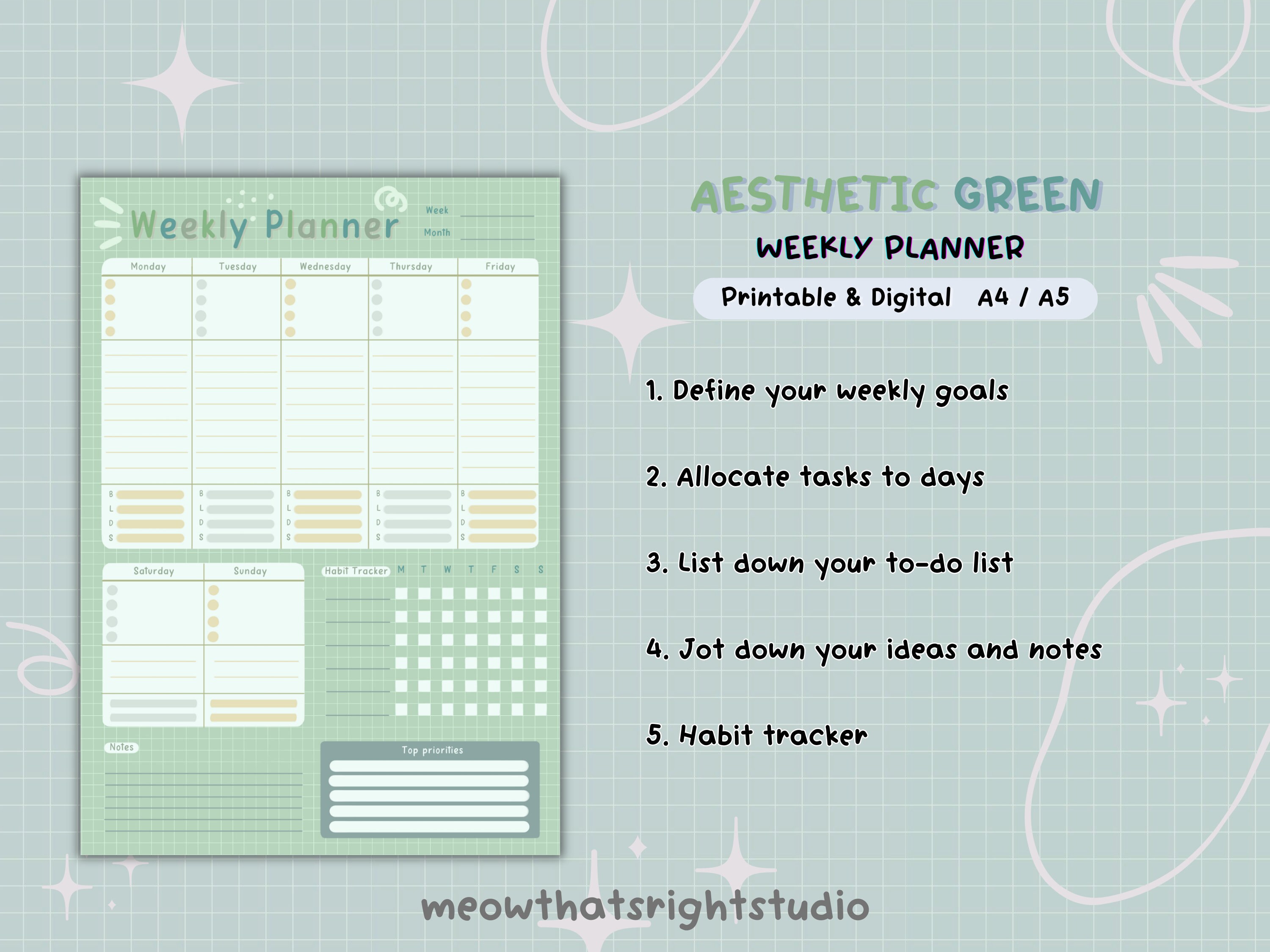 Green Daily Planner Printable Daily Planner Kawaii Daily Planner Kawaii ...