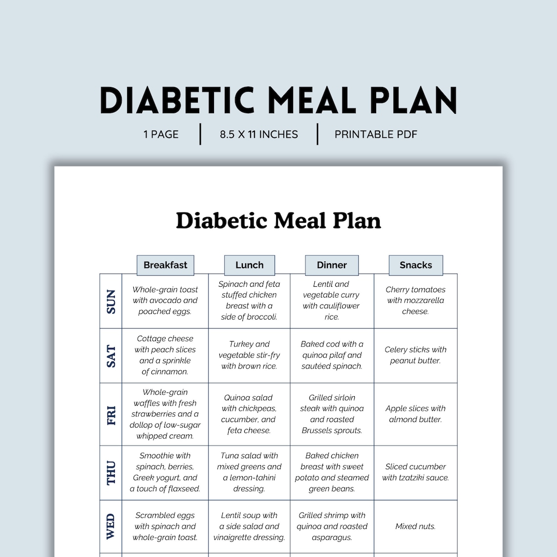 Diabetic Meal Plan Printable | 7-day Diabetes Friendly Diet Chart | Low ...