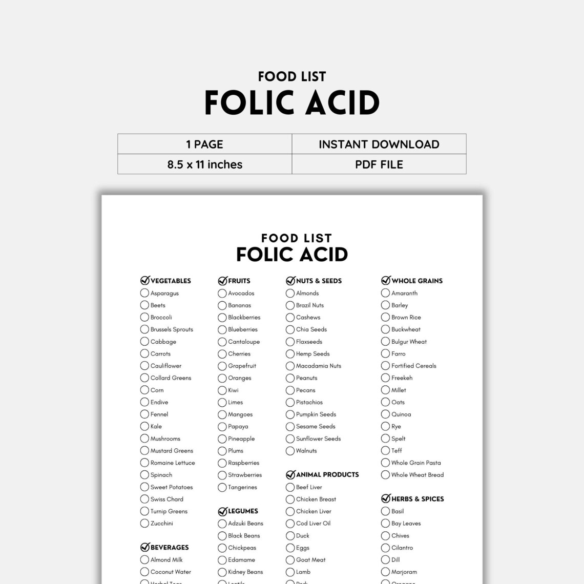 Folic Acid Food List Printable | B&W PDF | Easy Folate-rich and ...