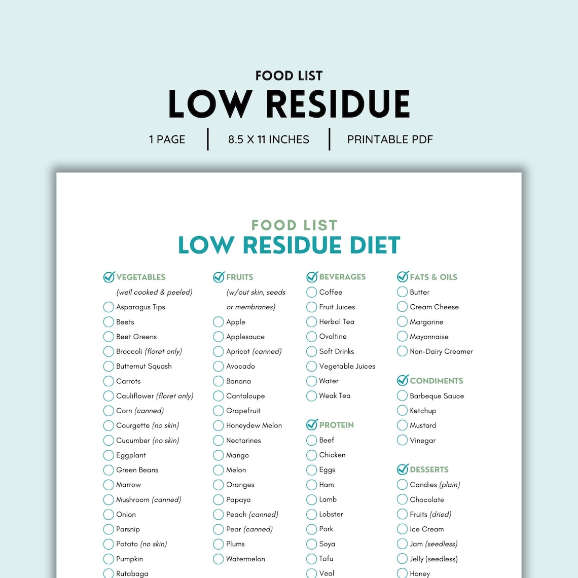 Low Residue Diet, Food List, Grocery List, Shopping List, Food Guide ...