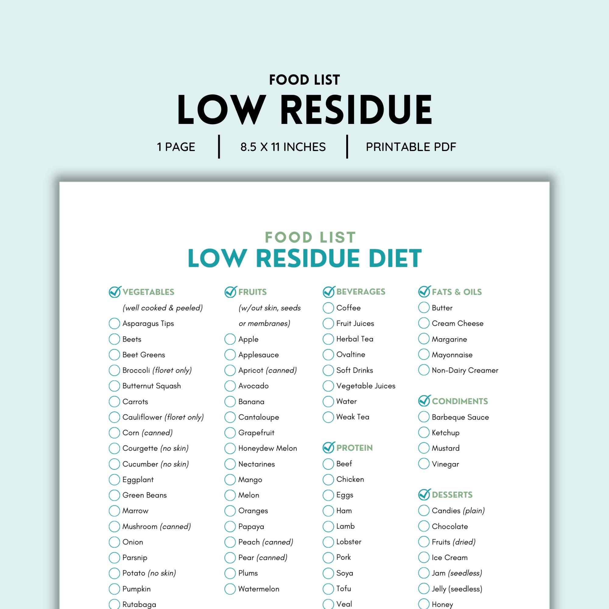 Low Residue Diet, Food List, Grocery List, Shopping List, Food Guide ...