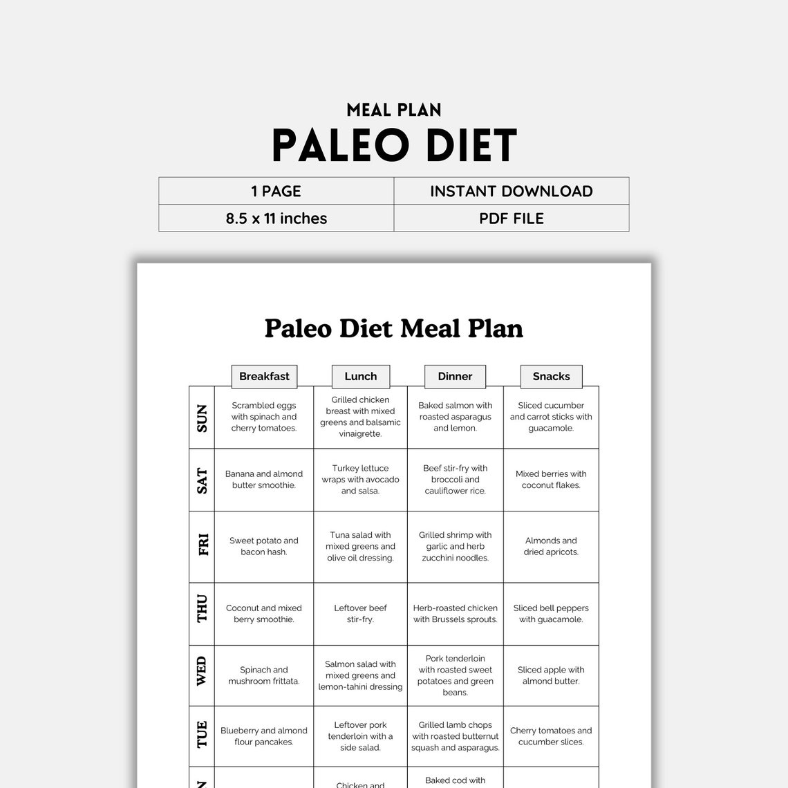 Paleo Diet Meal Plan Diet Plan Weekly Meal Plan Meal Prep Planner Low Carb Meal Plan Meal