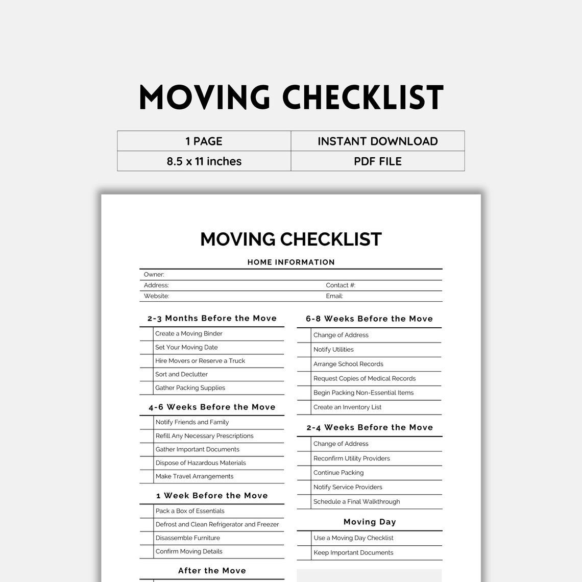 Moving Checklist, Moving Planner, Moving Printable, Moving List ...