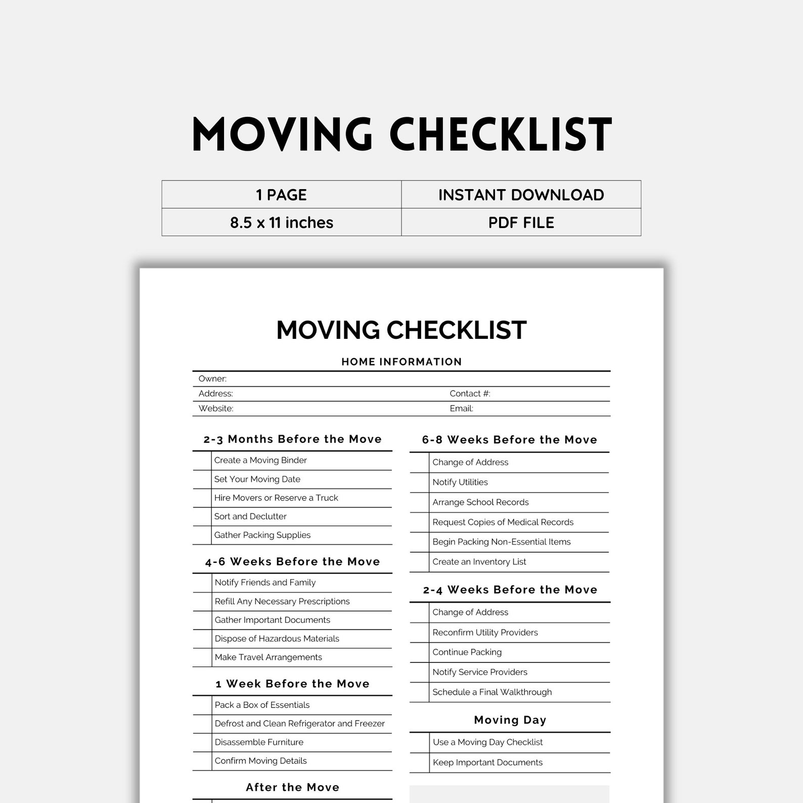 Moving Checklist Moving Planner Moving Printable Moving List